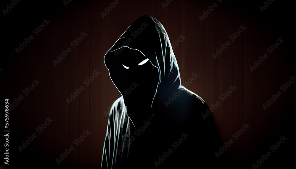Ghost hacker criminal scary hood anonymous creepy devil danger silhouette shadow black face fear ...