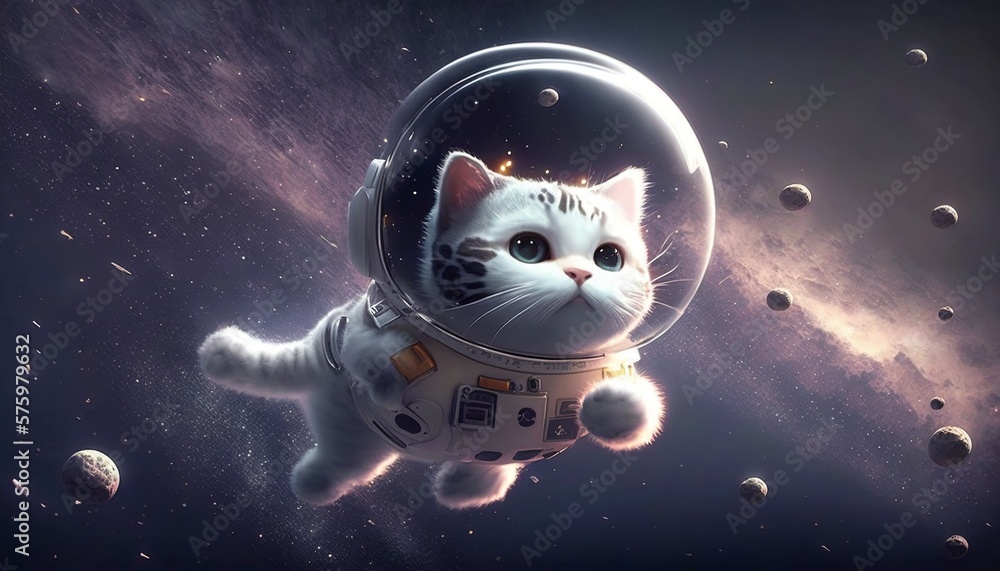 Cute little astronaut kitten floating in the space with a galaxy in the ...