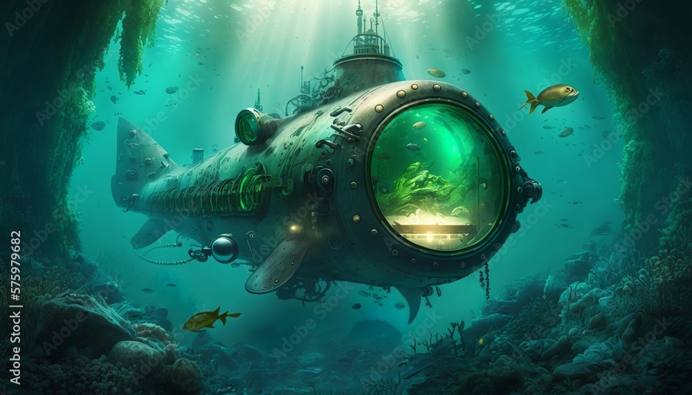 Retrofuturistic submarine with big round front window submerged in a ...