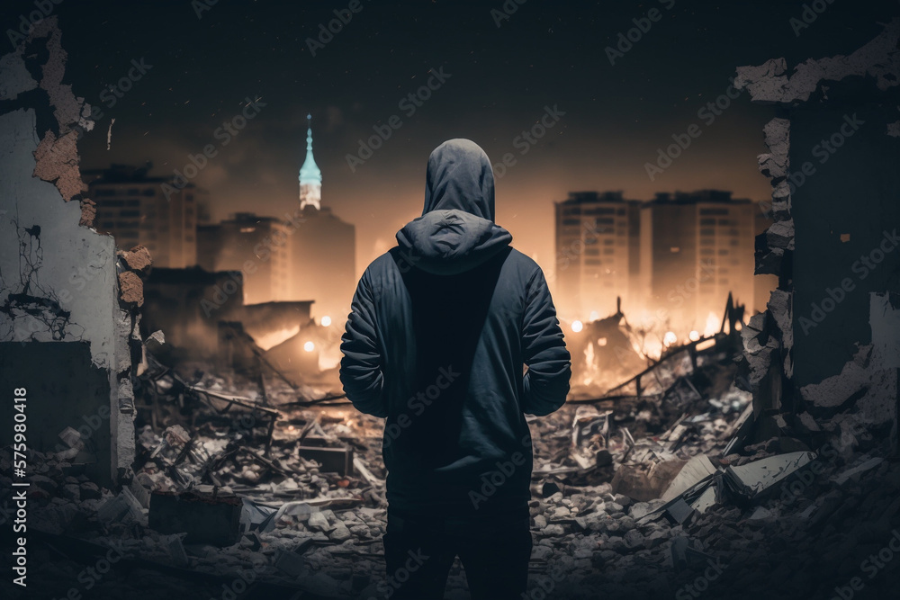 Unhappy people look at the destroyed house after the earthquake ...