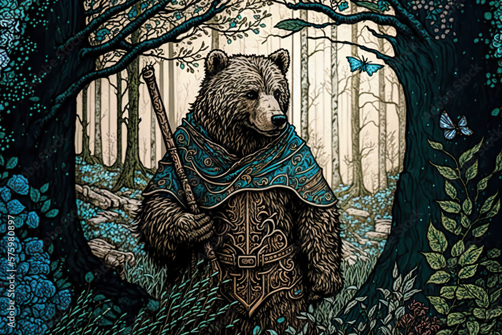 pen and ink drawing of a brown bear standing in the woods, Generative ...