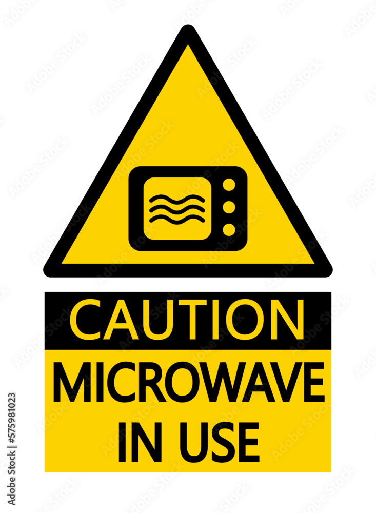 Caution, microwave in use. Warning yellow triangle sign with symbol and ...