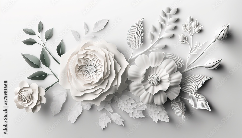 Generative AI, Paper cut craft flowers and leaves, white color, floral ...