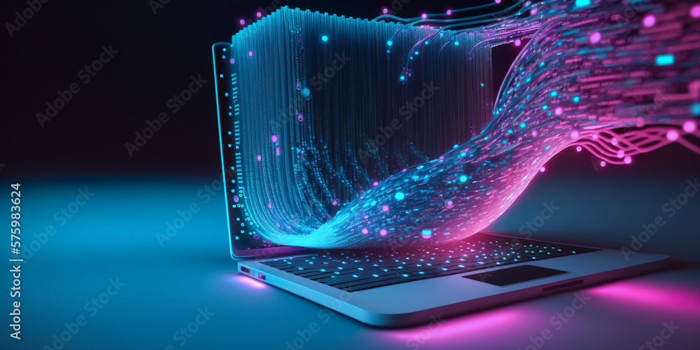 Flow of data network.digital stream.binary code.information transmission.cloud and blockchain ...