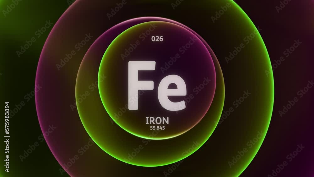 Iron as Element 26 of the Periodic Table. Concept animation on abstract ...