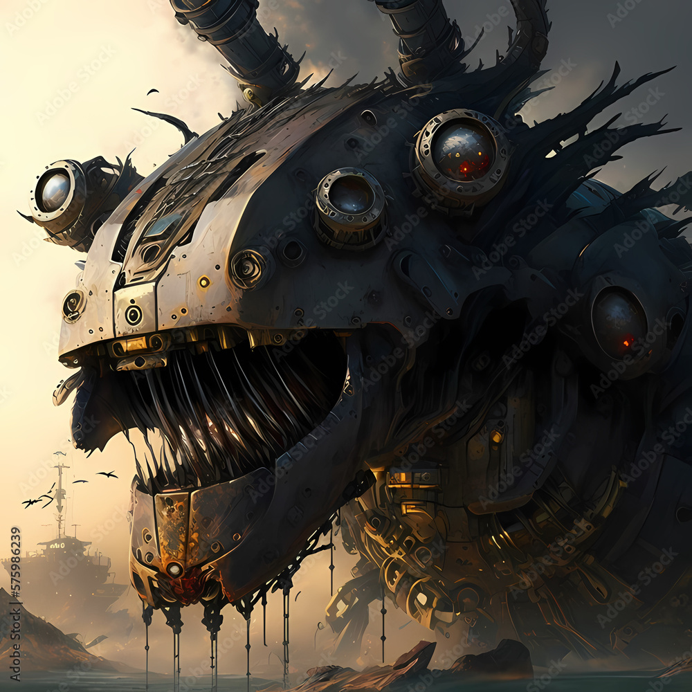 This digital painting depicts a massive mechanical leviathan, half ...