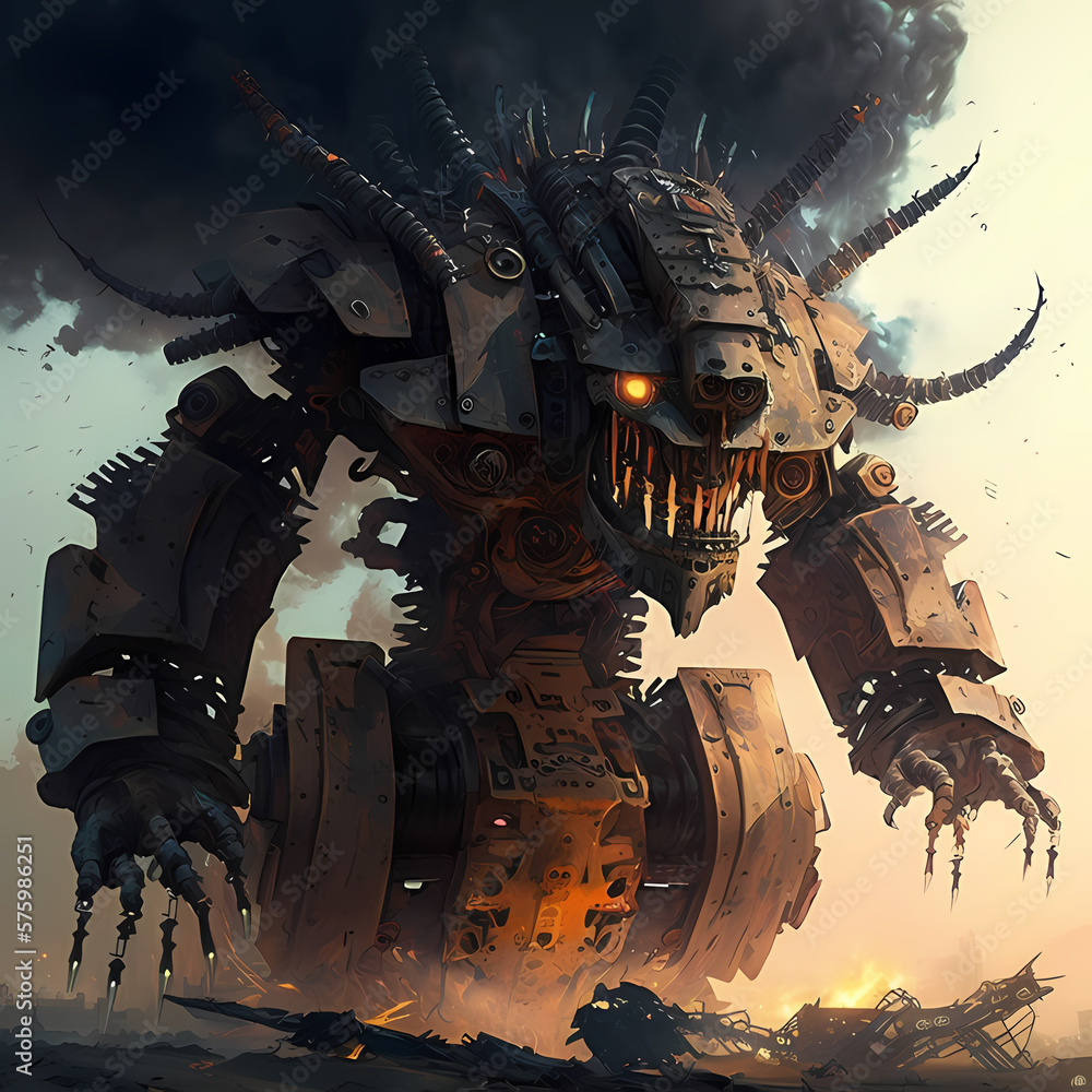 This digital painting depicts a massive mechanical leviathan, half ...