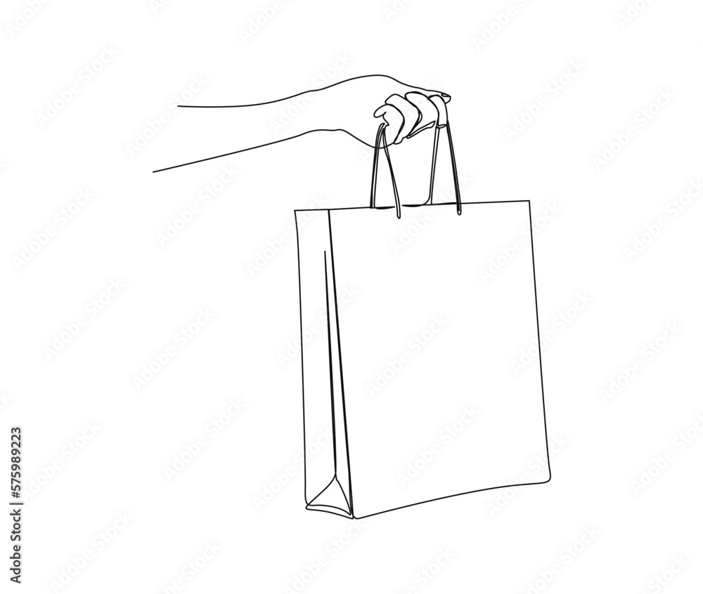 Continuous one line drawing of hand holding shopping bag. Simple paper ...