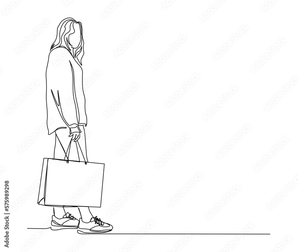 Continuous one line drawing of pretty woman and holding paper bag after ...