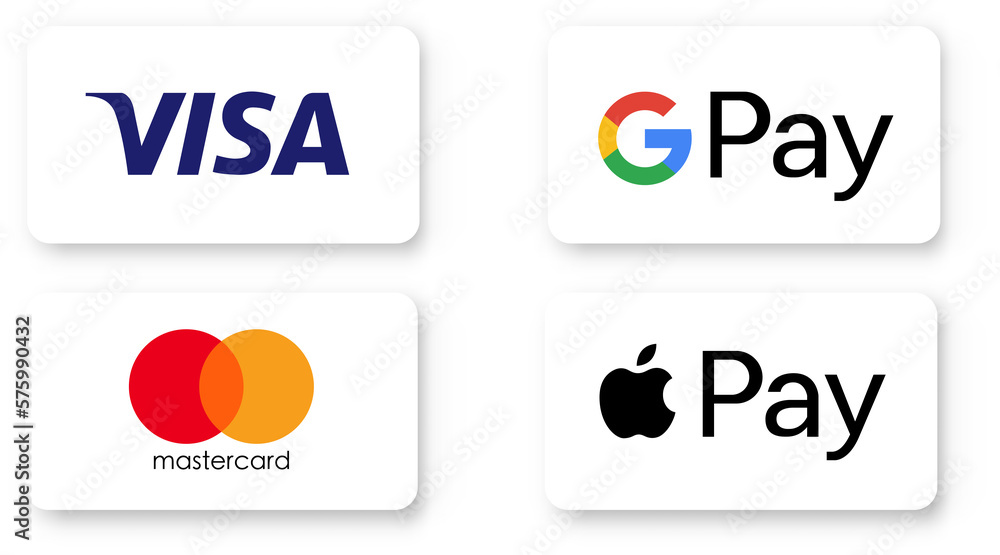 Buttons of popular payment systems mastercard, visa, apple pay, google ...