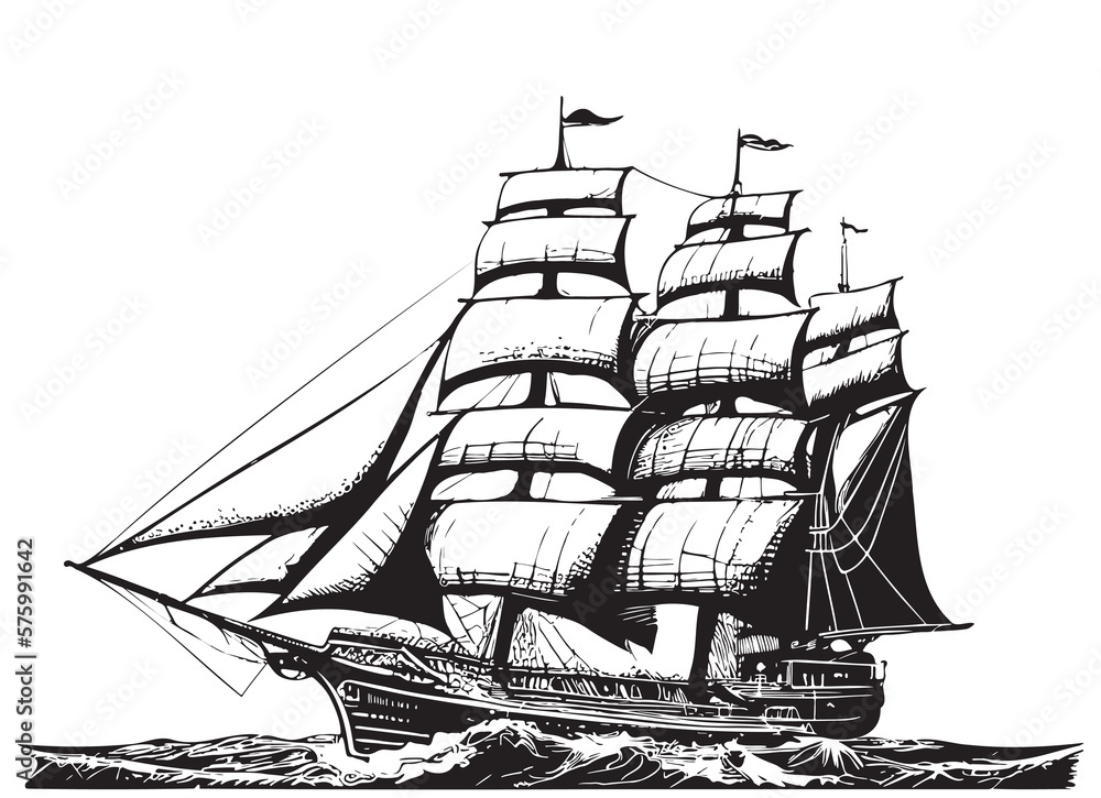 Old ship sailboat sea frigate hand drawn sketch Vector illustration ...