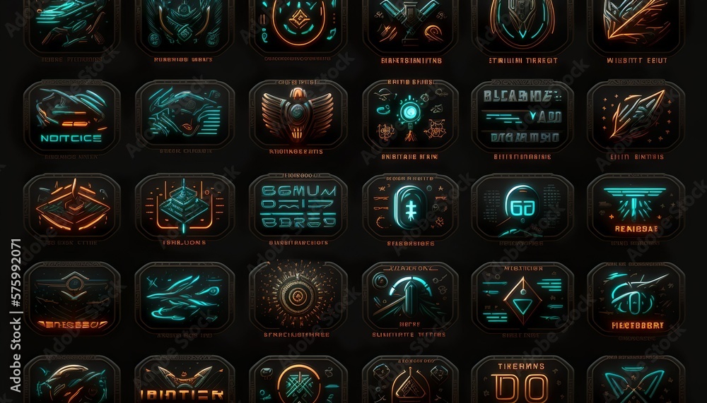 Sci-fi tech and cyberpunk icon sheet with multiple inspirational logo ...