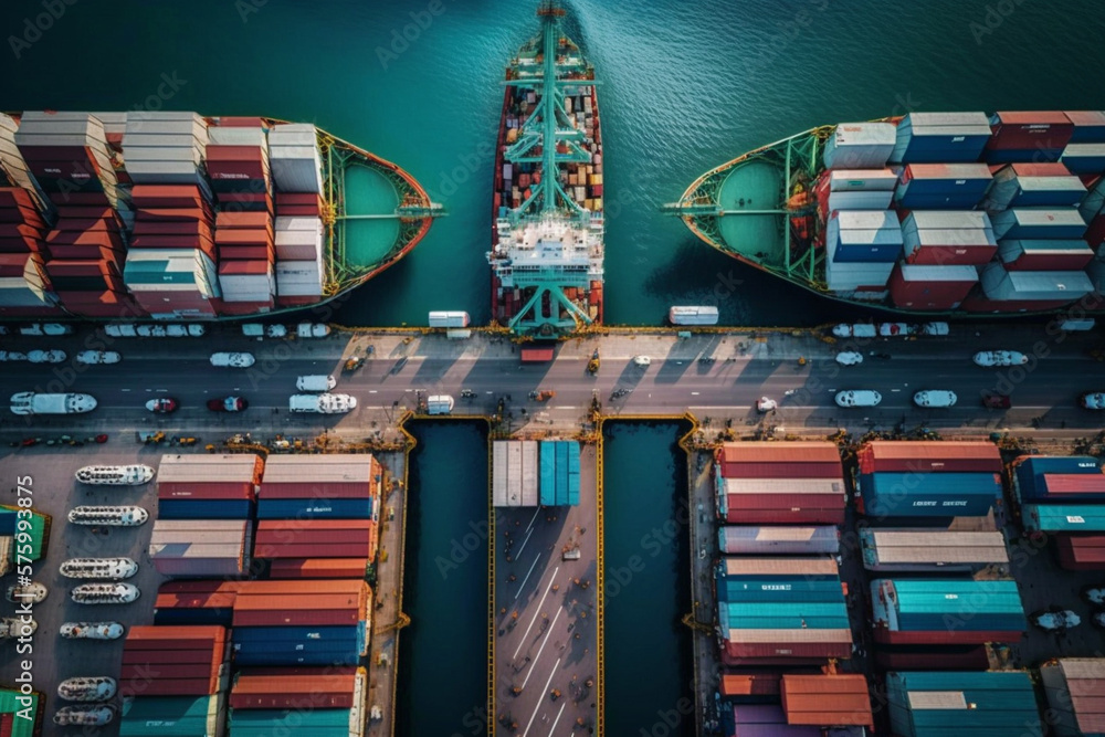 Shipping Container Port Illustration with giant cargo ships. Ai ...