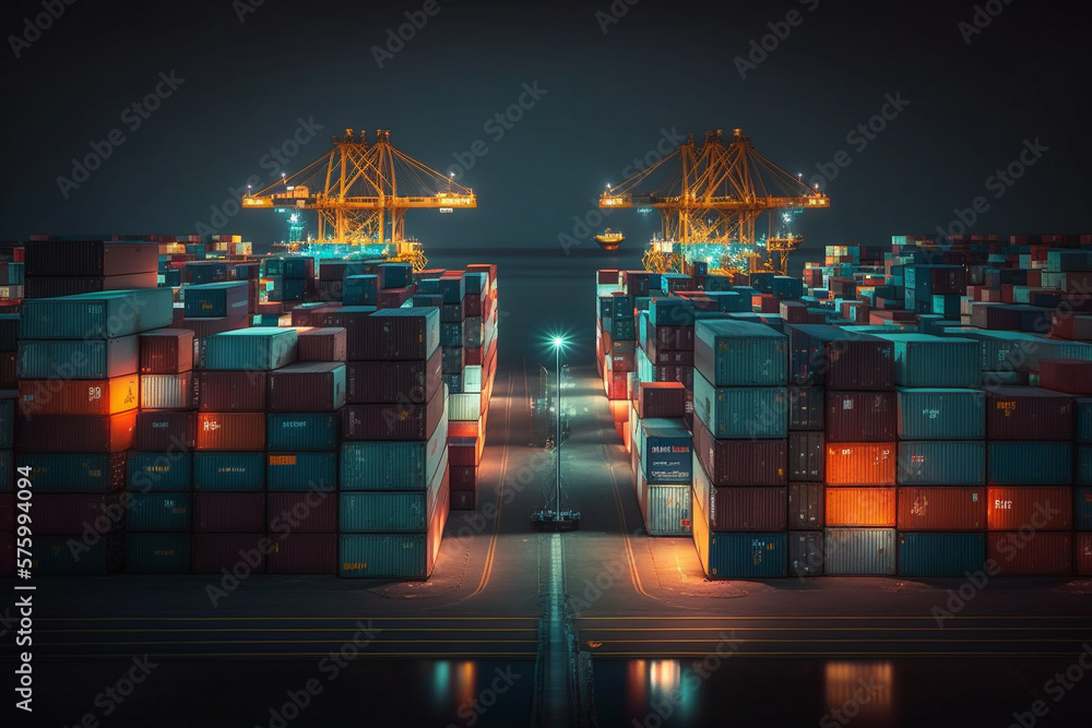 Shipping Container Port Illustration with giant cargo ships. Ai ...