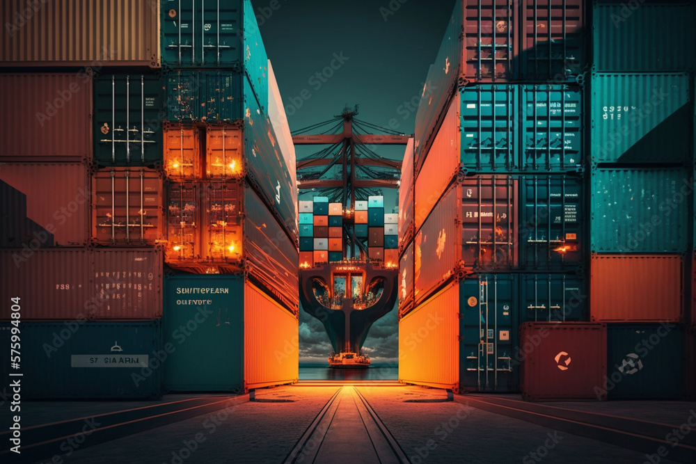 Shipping Container Port Illustration with giant cargo ships. Ai ...