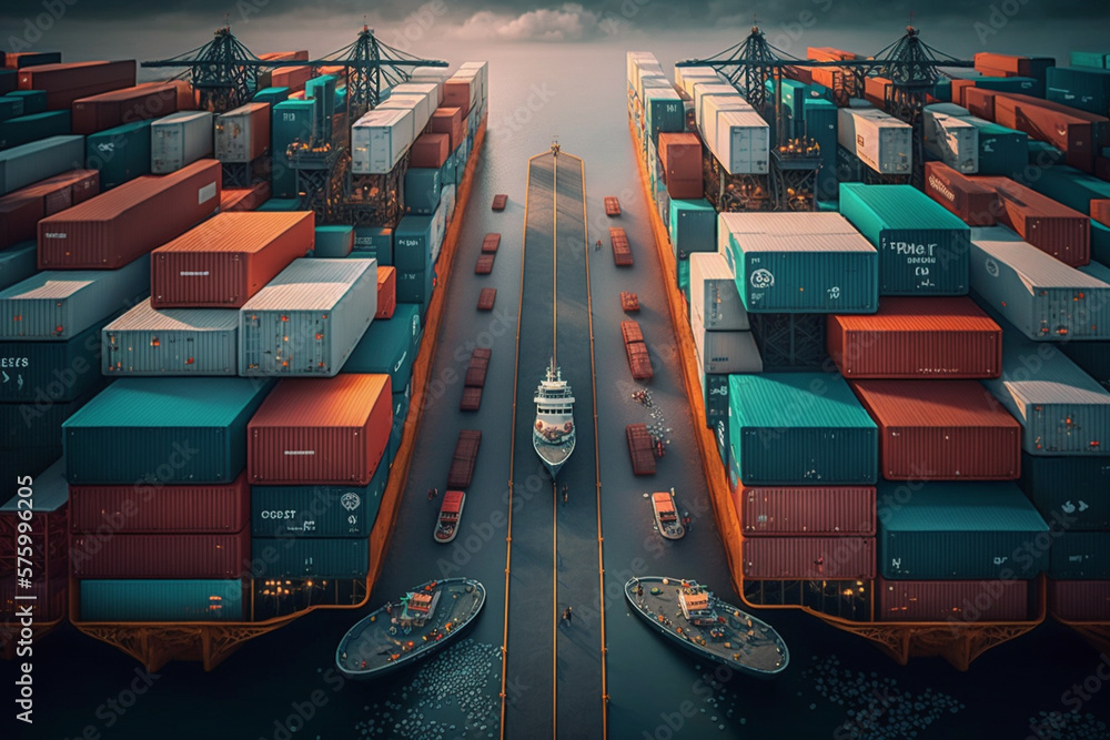 Shipping Container Port Illustration with giant cargo ships. Ai ...