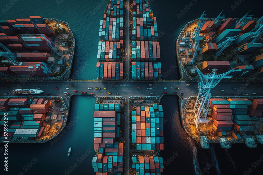 Shipping Container Port Illustration with giant cargo ships. Ai ...