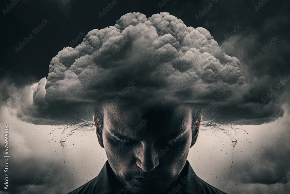 Negative thinking concept with head in storm clouds and lighting ...