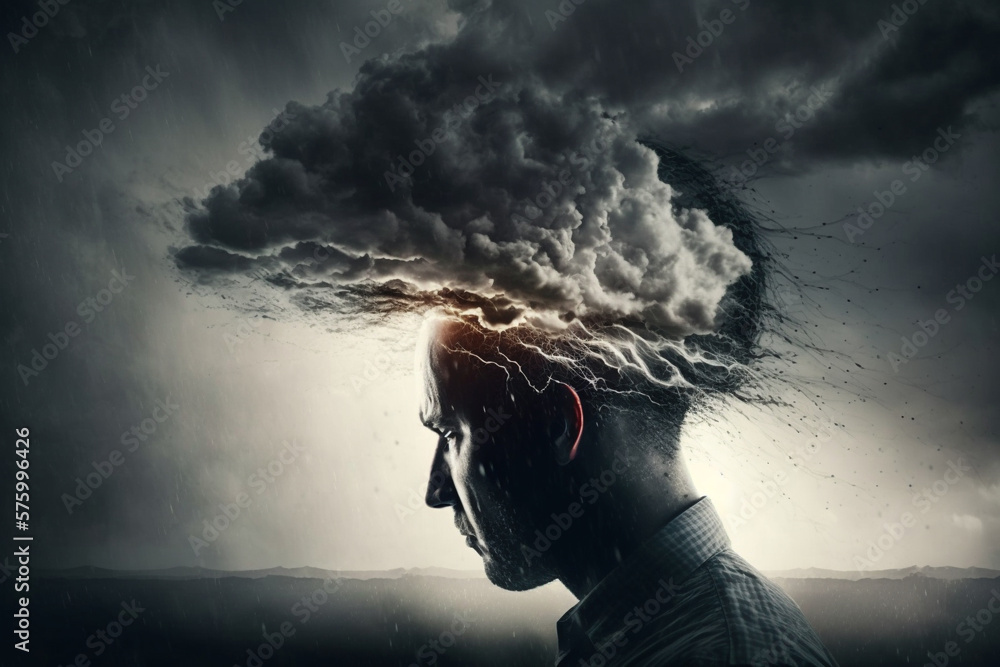 Negative thinking concept with head in storm clouds and lighting ...