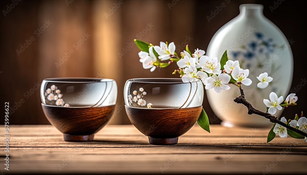 two cup of sake with cherry blossom and bokeh light, idea for Hanami ...