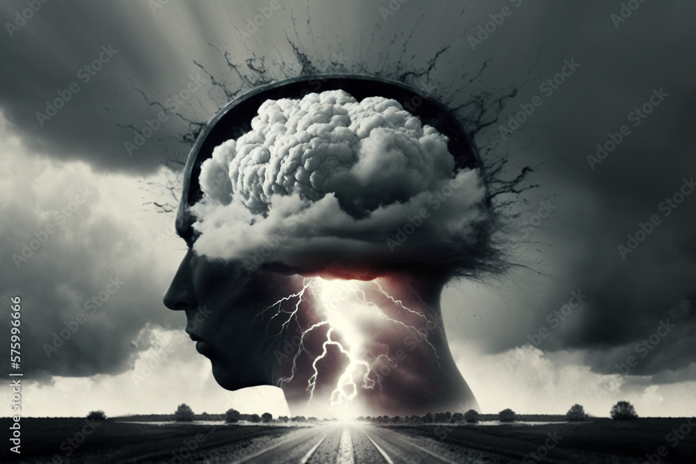 Negative thinking concept with head in storm clouds and lighting ...