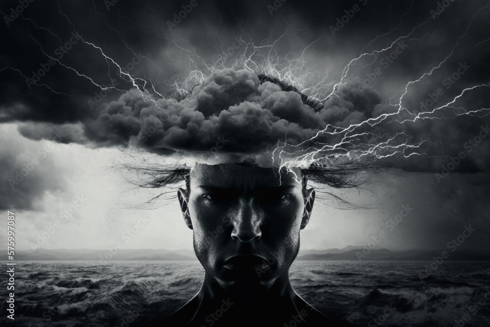 Negative thinking concept with head in storm clouds and lighting ...