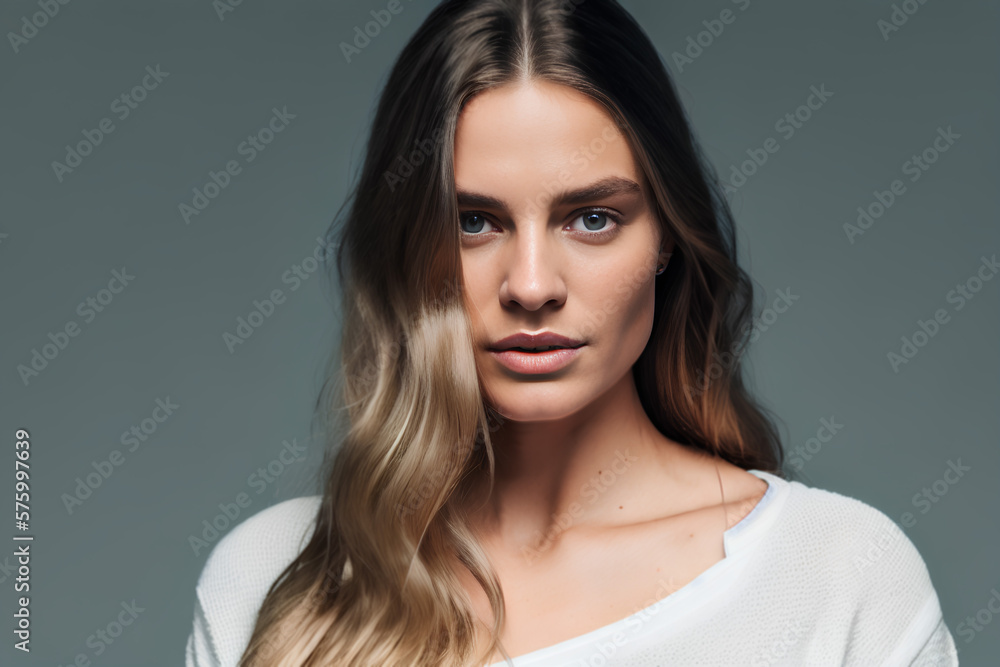 Fashion beauty woman model portrait on grey empty background with copy ...