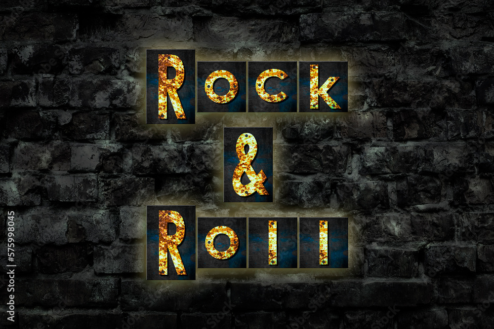 Rock and Roll. Words made from rusty iron letters, on old vintage ...