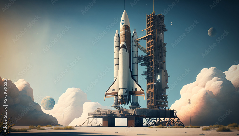 This image depicts a rocket standing on a launchpad, with the planet ...