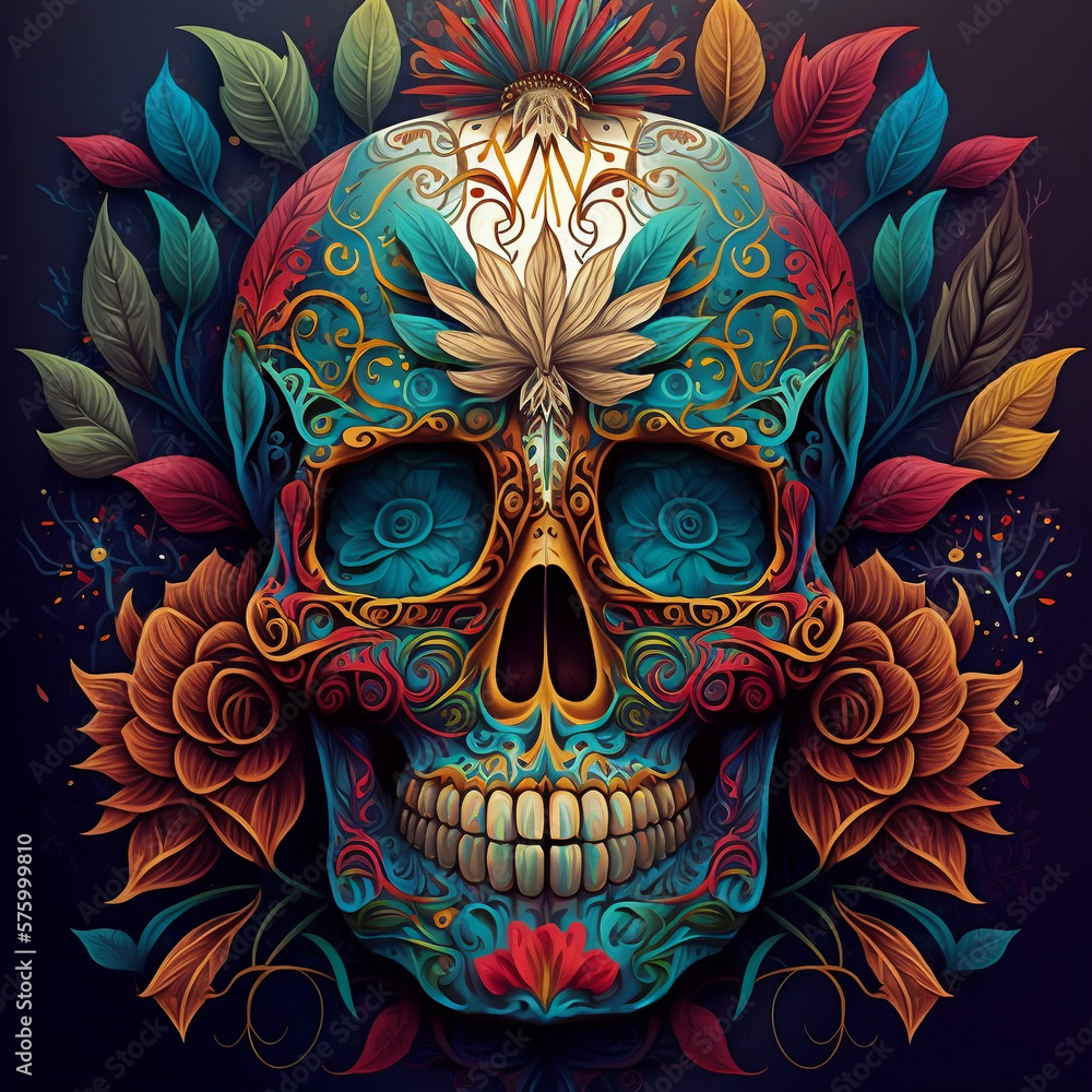 Ilustração de uma caveira mexicana colorida e brilhante, transmitindo ...