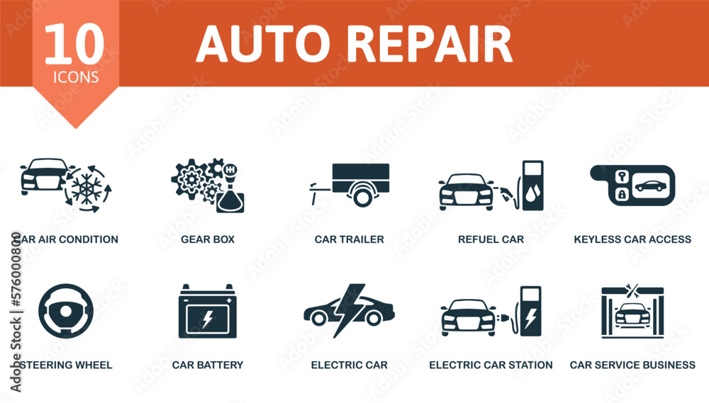 Auto Repair icon set. Monochrome simple Auto Repair icon collection ...