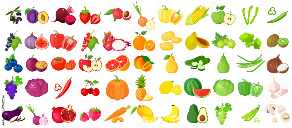 A large mega set of vegetables and fruits in a juicy cartoon style. The ...