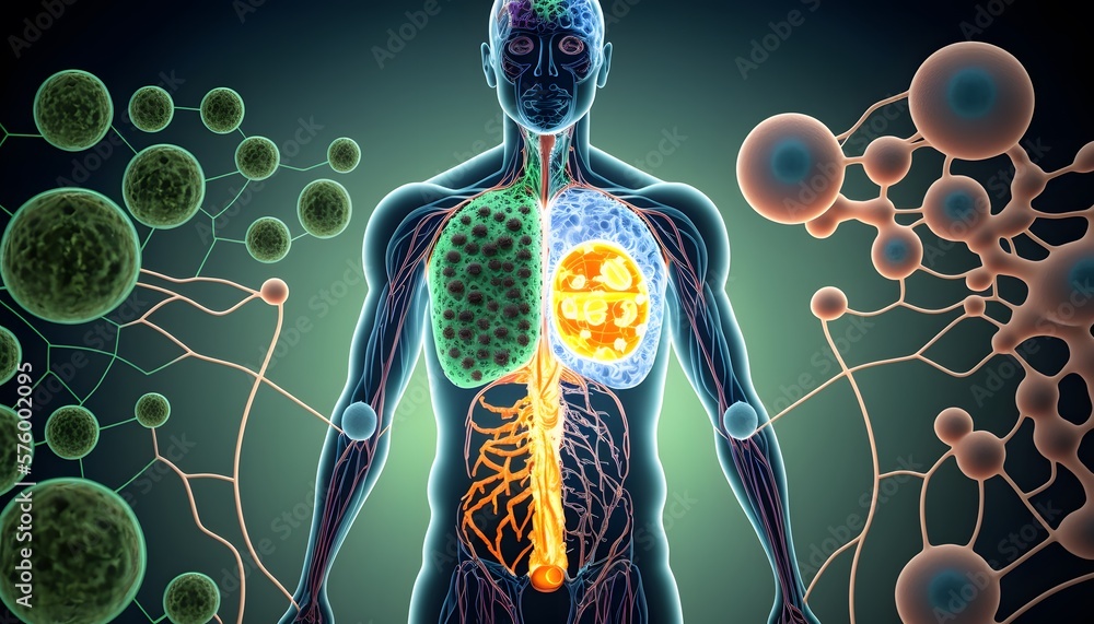 Medical illustration of a human body with cells and organs - AI ...