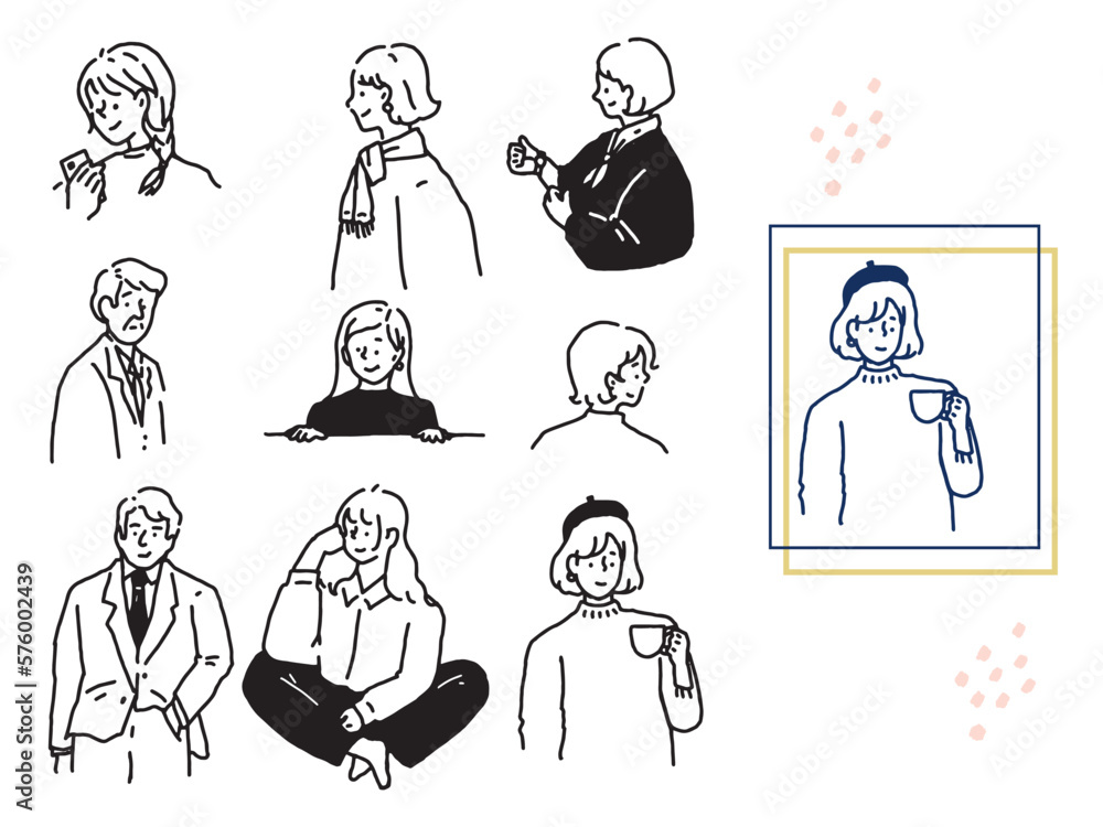 白黒、モノトーン、線画のイラスト(手書き、オシャレ、雑誌、ファッション、可愛い、人物、女の子) Black and white ...