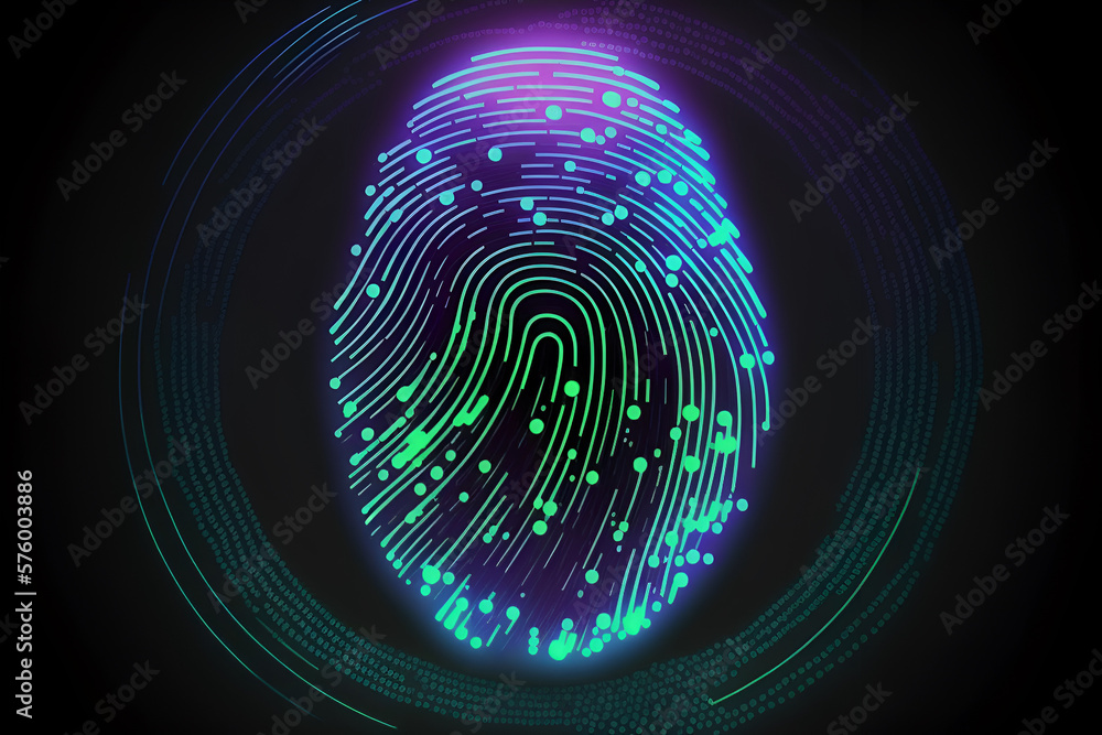 Glowing neon fingerprint on the dark background. Biometrics ...
