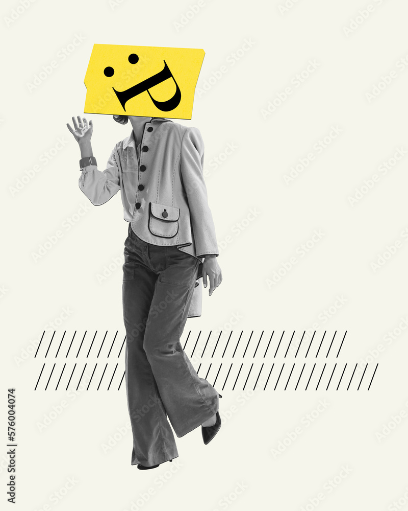 Contemporary art collage. Creative design. Cheerful mood. Woman with ...