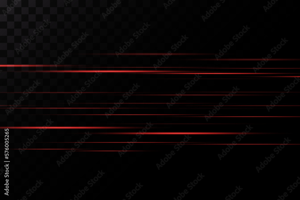 A set of red lines, laser beams, bright light beams with glitter and ...