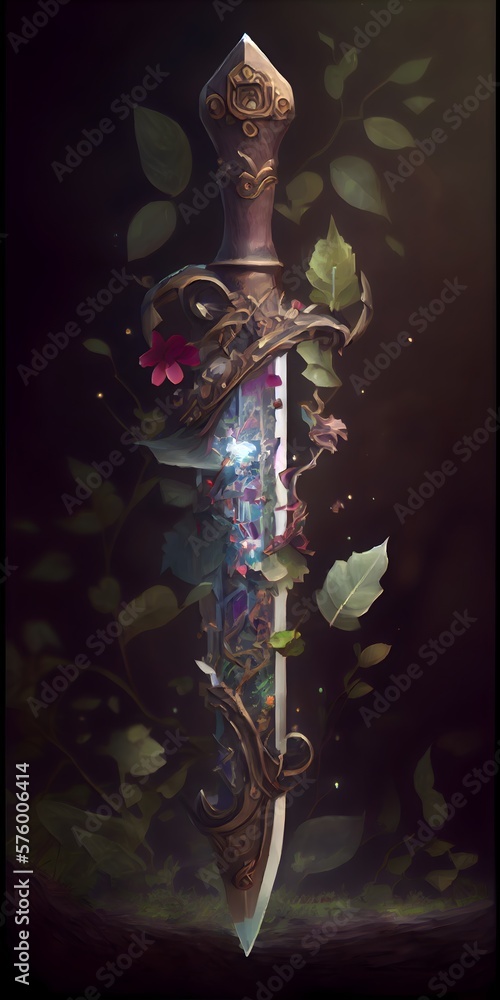 Magical sword reclaimed by nature gems rubies vines, generative ai ...