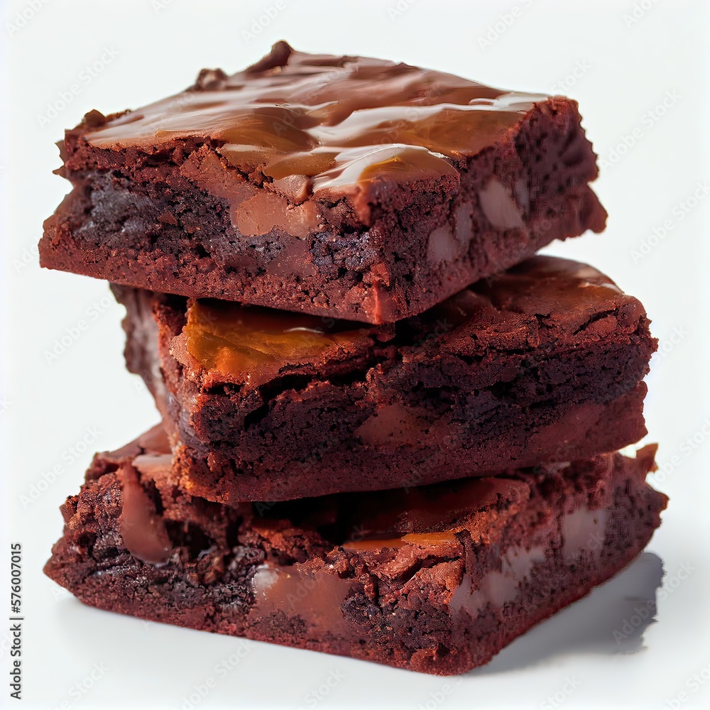 A stack of chocolate brownies on white background, homemade bakery and ...