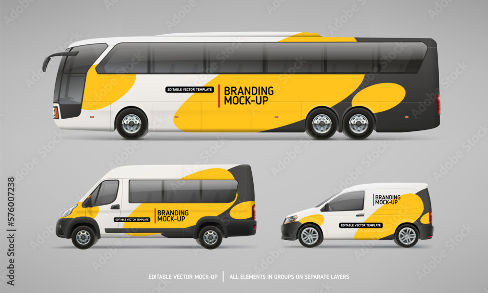 Realistic Coach Bus, Van and Car Mockup set concept. Abstract yellow ...