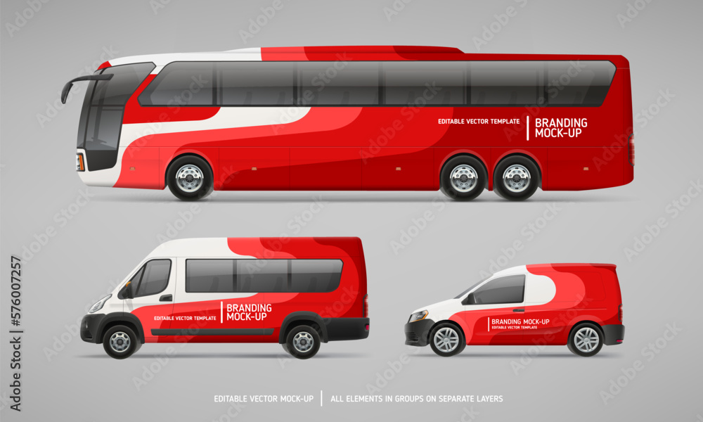 Red Coach Bus, Van and Car Mockup set concept. Abstract graphics ...