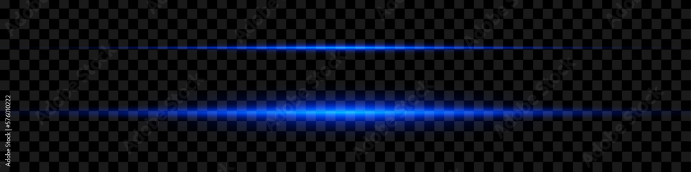 Pack of blue bright horizontal highlights, rays, lines on a transparent ...
