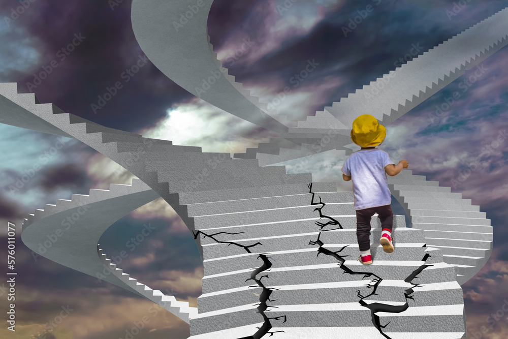 A boy climbing a broken ladder against the background of other twisted ...