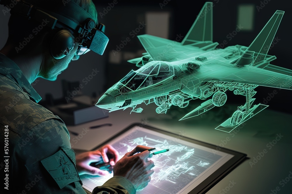 An engineer designing an electric aircraft using augmented reality and ...