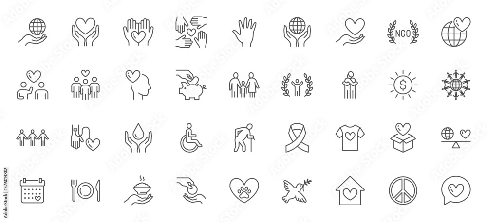 Charity line icons set. NGO fund, nonprofit foundation, elderly care ...