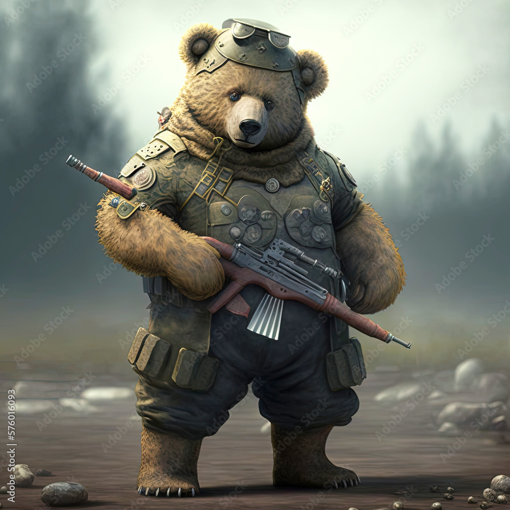 Russian brown bear soldier holding a weapon. War and aggression concept ...
