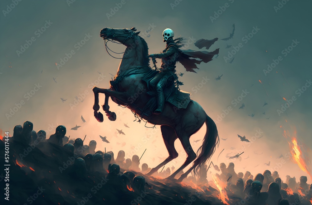 the horseman, grim reaper riding the horse jumping from a pile of human ...