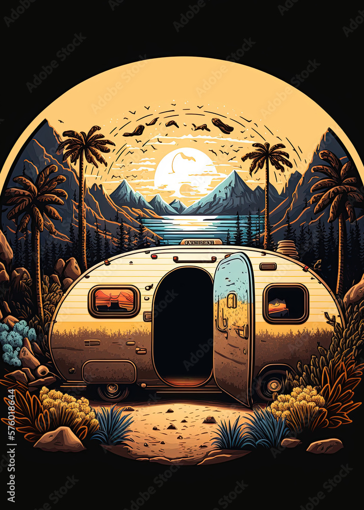 Rv camper in the woods. Camping van. Vintage Camp poster, flyer design ...