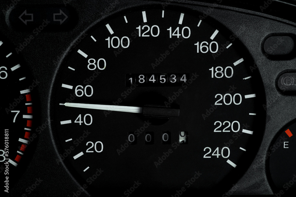 50 kilometers speed on a car speedometer. Speedometer with needle ...