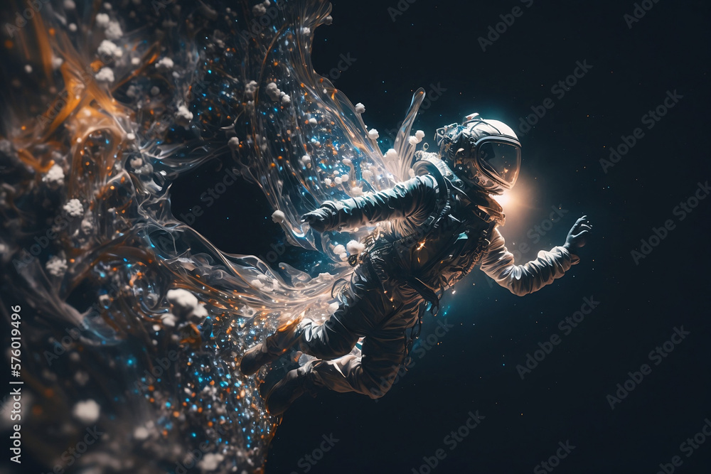 Astronauts flying in space with energy light. Galaxy with the solar ...